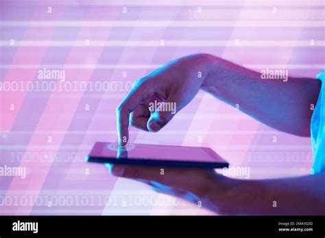 Fingerprint Futuristic And Hands Of Man With Tablet For Binary Communication Ux Or Internet