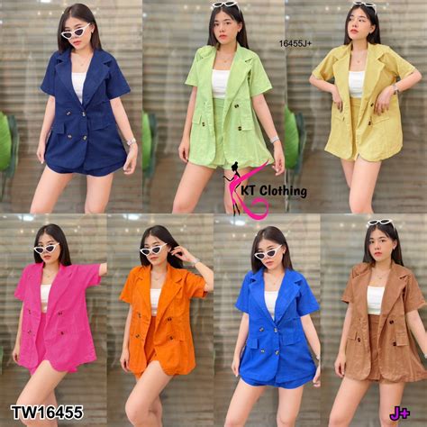 New Arrival Set 2 ชิ้น สุดคุ้ม เสื้อเบลเซอร์กางเกงกระโปรงขาสั้น Tt16455 Tatata Shop Thaipick