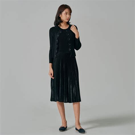 포스티 플리츠 진주 자켓 블랙 벨루아 원피스
