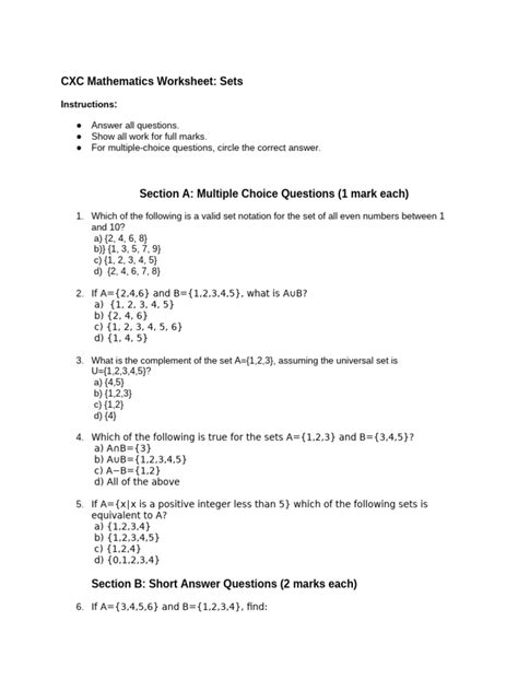 Cxc Mathematics Worksheet Sets Pdf Mathematics