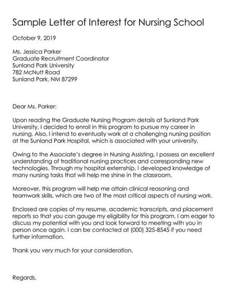Application Letter Sample For Nursing School