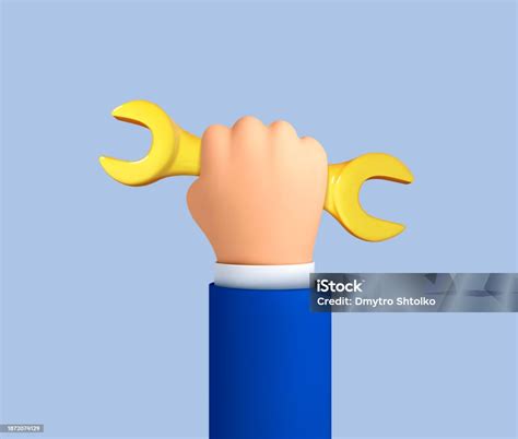 3d 만화 손 들고 렌치 도구는 파란색 배경에 고립되어 있습니다 벡터 3d 일러스트 레이 션 0명에 대한 스톡 벡터 아트 및 기타 이미지 Istock