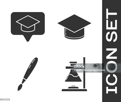 유리 시험관 플라스크를 불에 태우고 말풍선의 졸업 모자 페인트 브러시 및 졸업 모자 아이콘을 설정합니다 벡터 건강 검진에 대한 스톡 벡터 아트 및 기타 이미지 Istock