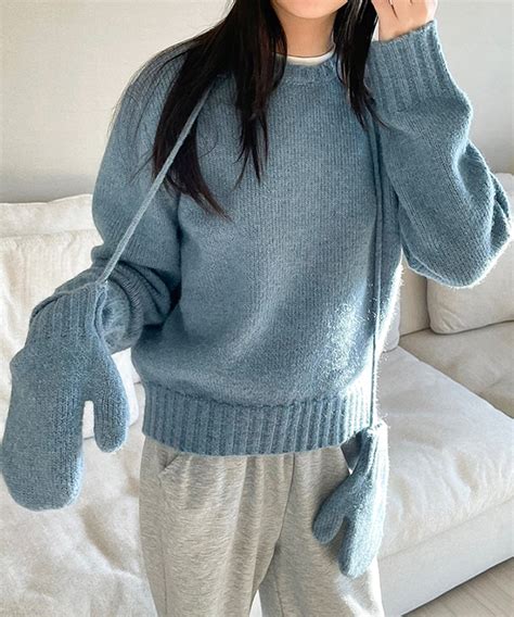 울 니트 겨울 코디 라운드니트 비니 벙어리장갑 3종 세트 에이블리