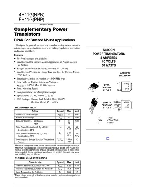 Complementary Power Transistors 4h11g Npn 5h11g Pnp Pdf