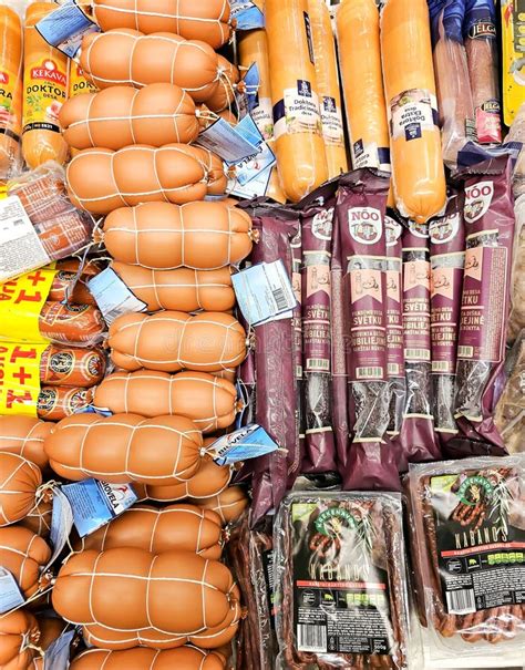 Showcase With Various Meat Products In Food Section Riga Editorial