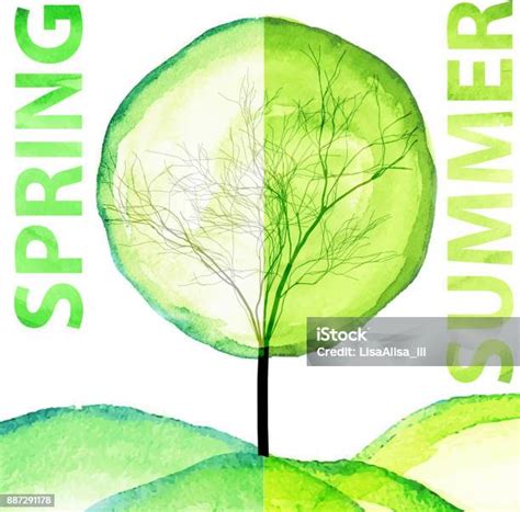 여름과 봄 수채화 개념입니다 계절 나무 아트 벡터 일러스트 레이 션 잎에 대한 스톡 벡터 아트 및 기타 이미지 잎 0명 가로수 Istock