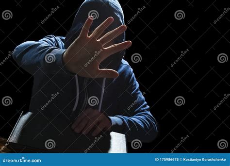 Hacker With Computer Man Sitting At A Table In A Hood Stock Image Image Of Password Cyber