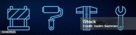 라인 T사각형 라인 도로 장벽 페인트 롤러 브러시와 렌치 스패너를 설정합니다 벽돌 벽에 빛나는 네온 아이콘입니다 벡터 T 자에 대한 스톡 벡터 아트 및 기타 이미지 Istock