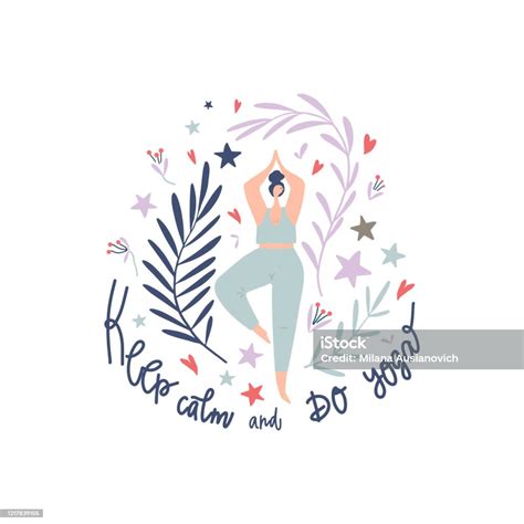 요가 마음 잎 별과 손으로 그린 따옴표를 연습하는 여자 침착하고 요가를 건강한 생활방식에 대한 스톡 벡터 아트 및 기타 이미지 건강한 생활방식 귀여운 그래픽 프린트