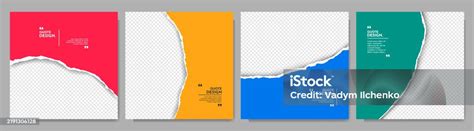 벡터 일러스트 레이 션 찢어진 종이 효과 컬러 배너 컬렉션 소셜 미디어 웹 템플릿 블로그 게시물에 대한 디자인 요소입니다 3d 그림자 효과가 있는 장식용 정사각형 크기