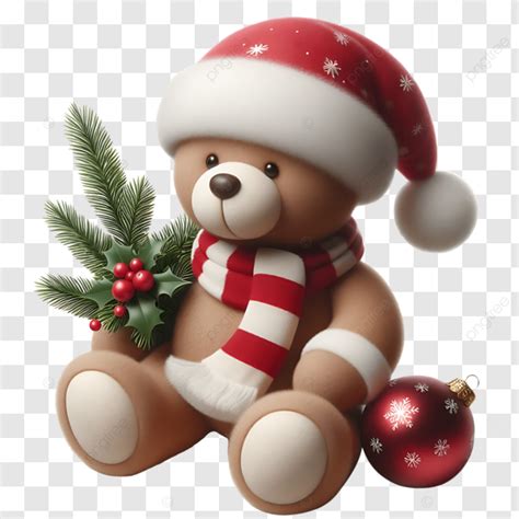 빨간 머플러와 공 잎 크랜베리가 달린 산타 모자를 쓴 현실적인 크리스마스 테디 베어 테디 베어 메리 크리스마스 테디 Png
