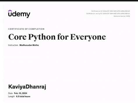 Completion Of Core Python Course On Udemy Kaviya Dhanraj Posted On