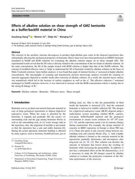 Effects Of Alkaline Solution On Shear Strength Of Gmz Bentonite As A Bufferbackfill Material In