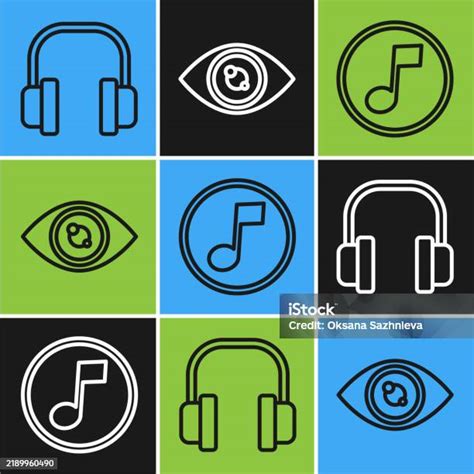 라인 헤드폰 음악 음표 톤 및 눈 아이콘을 설정합니다 벡터 개념에 대한 스톡 벡터 아트 및 기타 이미지 개념 노트 녹음