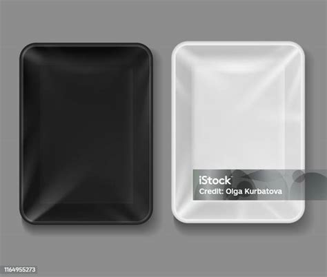 플라스틱 트레이 투명 랩 야채 고기에 대한 검은 색과 흰색 빈 용기와 식품 패키지 진공 상자 3d 벡터 모형 비어 있음에 대한