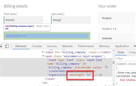 woocommerce maxlength and minlength for checkout fields