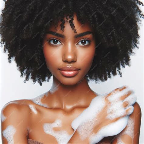 Premium Photo African American Woman With Curly Hair And Soap Suds On A Solid White Background