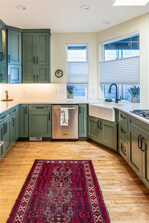 Eco Friendly Green Kitchen Cabinets With White Countertops