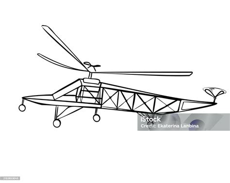 복고풍 헬리콥터 흑백 윤곽 벡터 일러스트 레이 션 절연 비행기 잉크 실루엣 회전 프로펠러 손으로 그린 것입니다 간단한 만화 항공 운송 소년 색칠을 위한 유치한 비행기
