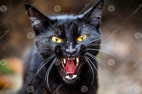 Angry Black Cat Hissing With Sharp Fangs And Piercing Yellow Eyes