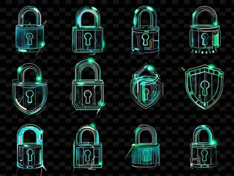 Premium Psd Glowing Neon Locks Unlocking Glitched Lock Texture Material Y2k Texture Shape