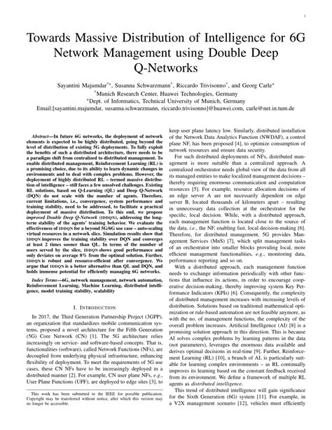 Pdf Towards Massive Distribution Of Intelligence For 6gnetwork Management Using Double Deep Q