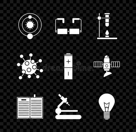 Set Solar System Glasses Test Tube Flask On Fire Heater Open Science Book Microscope Light