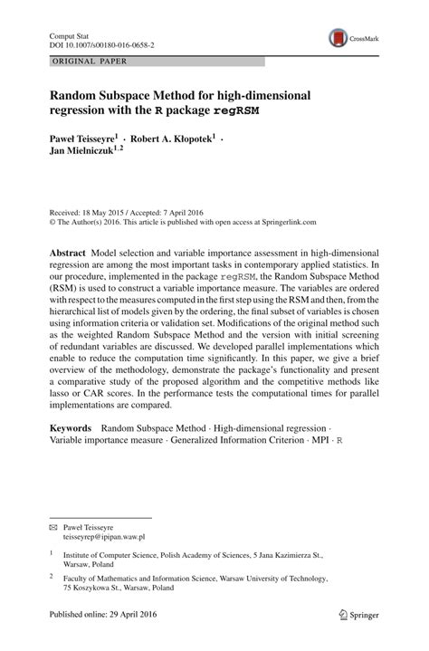 Pdf Random Subspace Method For High Dimensional Regression With The R Package Regrsm