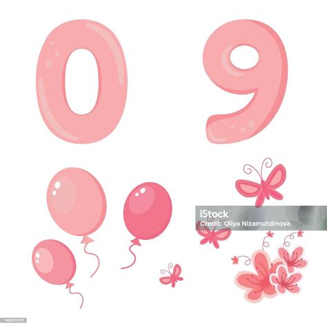 숫자로 귀여운 벡터 세트 파스텔 블루 핑크 색상의 손으로 그린 그림 낙서와 만화 스타일 유치한 스타일의 생일 축하 디자인에 적합합니다 여자 아기 생일 개념 0에 대한 스톡