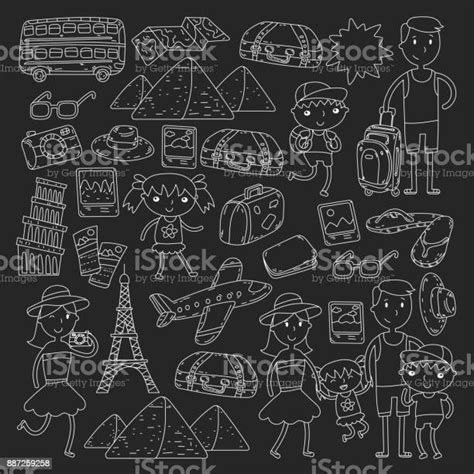 낙서 벡터 여행 휴가 모험을 설정합니다 아이 들과 함께 당신의 여행에 대 한 준비를 부모 유치원 학교 여름 휴가 아이 그리기 2 3 살에 대한 스톡 벡터 아트 및 기타