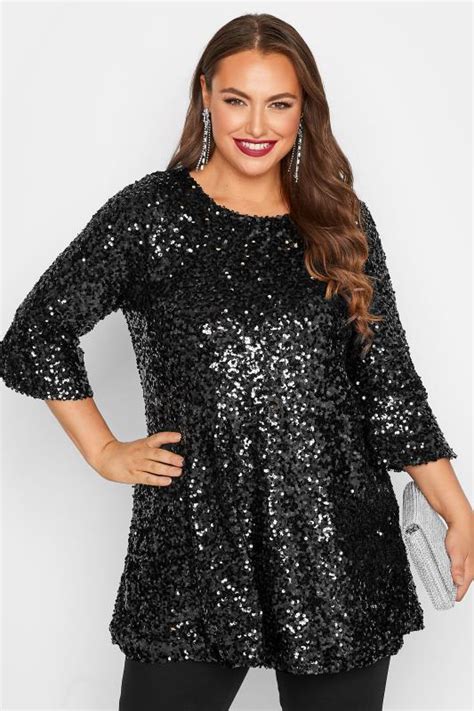 Yours London Plus Size Black Sequin Embellished Flute Sleeve Top
