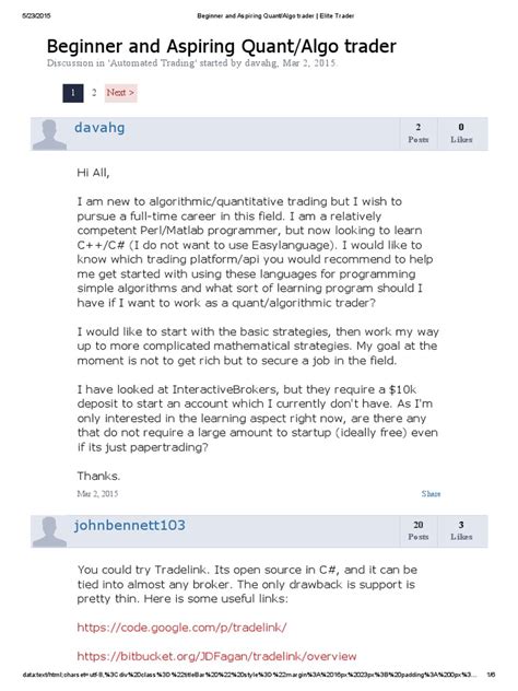 Beginner And Aspiring Quant Algo Trader Elite Trader Download Free Pdf Algorithmic