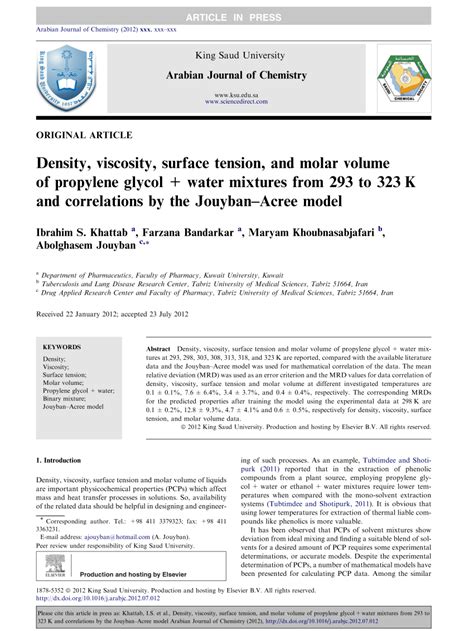 Pdf Density Viscosity Surface Tension And Molar Volume Of Propylene Glycol Water Mixtures