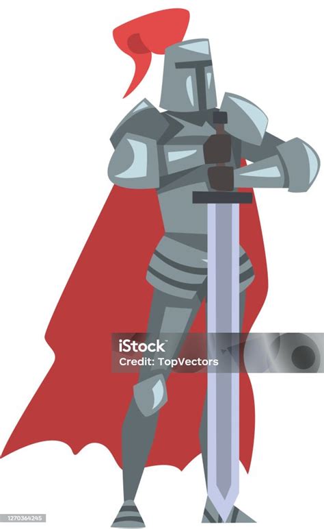 중세 기사 칼 만화 스타일 벡터 일러스트와 전체 무거운 몸 갑옷에 기병 전사 캐릭터 강철에 대한 스톡 벡터 아트 및 기타 이미지 강철 검 경쟁 Istock