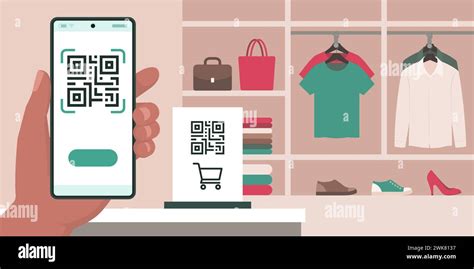 Scan To Pay Digital Payment Customer Scanning A Qr Code With His Smartphone In A Clothing Shop