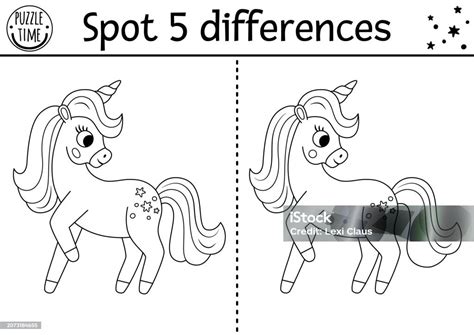 유니콘 흑백 찾기 차이점 찾기 어린이를 위한 게임 뿔이 달린 말과 함께하는 동화 라인 교육 활동 판타지 캐릭터를 가진 아이들을 위한 귀여운 퍼즐 인쇄 가능한 워크시트 또는
