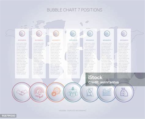 인포 그래픽 색상 순서도 워크플로 배너 웹 보고서 프레 젠 테이 션에 사용할 7 위치에 대 한 거품 차트 서식 파일 0명에 대한 스톡 벡터 아트 및 기타 이미지 Istock