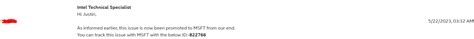 how to tracking issue id 822766 from intel promoted microsoft qanda