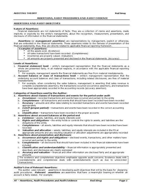 Assertions Audit Procedures And Audit Evidence Red Sirug Lecture Notes Pdf Internal Control