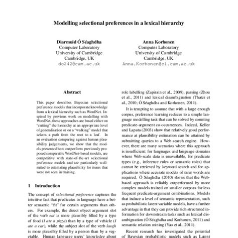 Modelling Selectional Preferences In A Lexical Hierarchy Acl Anthology