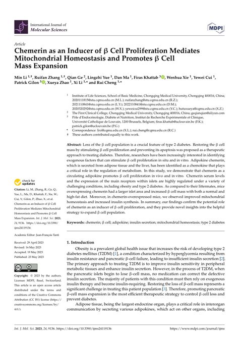 Pdf Chemerin As An Inducer Of β Cell Proliferation Mediates Mitochondrial Homeostasis And
