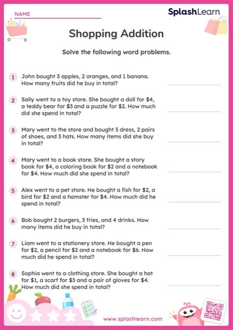Add 3 Numbers Within 10 Shopping Word Problems — Printable Math Worksheet
