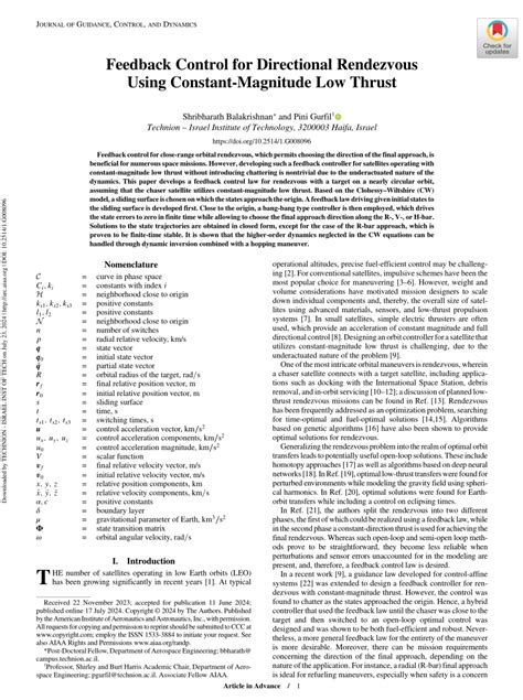 Pdf Feedback Control For Directional Rendezvous Using Constant Magnitude Low Thrust