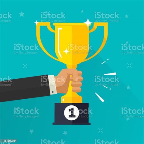손 벡터 일러스트레이션 플랫 만화 상 또는 업적 경쟁 승리 또는 최고의 챔피언 보상 이미지에서 우승자 성공 골든 컵 1에 대한