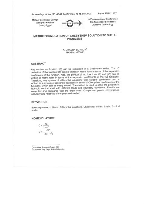pdf matrix formulation of chebyshev solution to shell problems