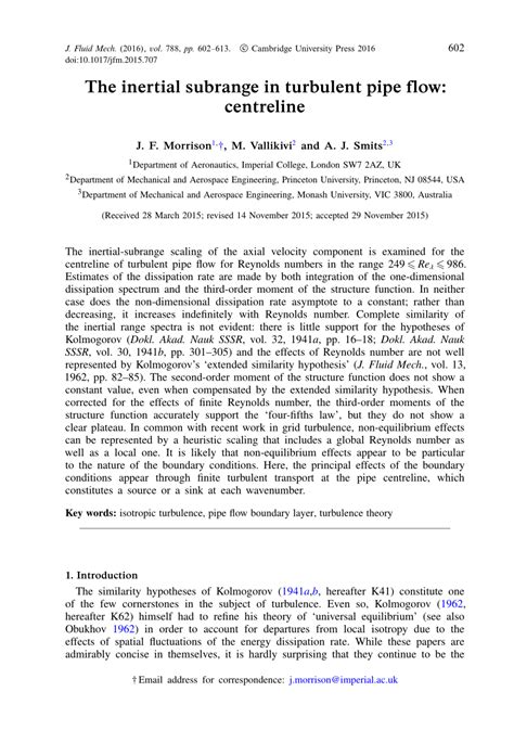 Pdf The Inertial Subrange In Turbulent Pipe Flow Centreline