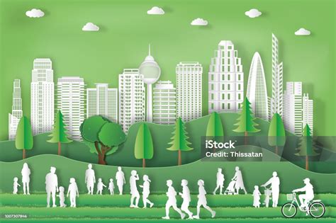 사람들의 운동과 종이 예술과 공예 스타일 개념으로 자연 건강 여름에 아침 도시 공원에서 신선한 공기에서 휴식 벡터 일러스트 레이 션 가족에 대한 스톡 벡터 아트 및 기타