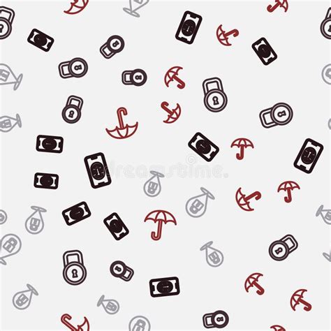 Set Line Mobile With Fingerprint Scanner Lock And Umbrella On Seamless Pattern Vector Stock