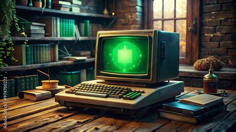 Vintage Computer Terminal With Green Phosphor Screen Displaying Cryptic Code Surrounded By